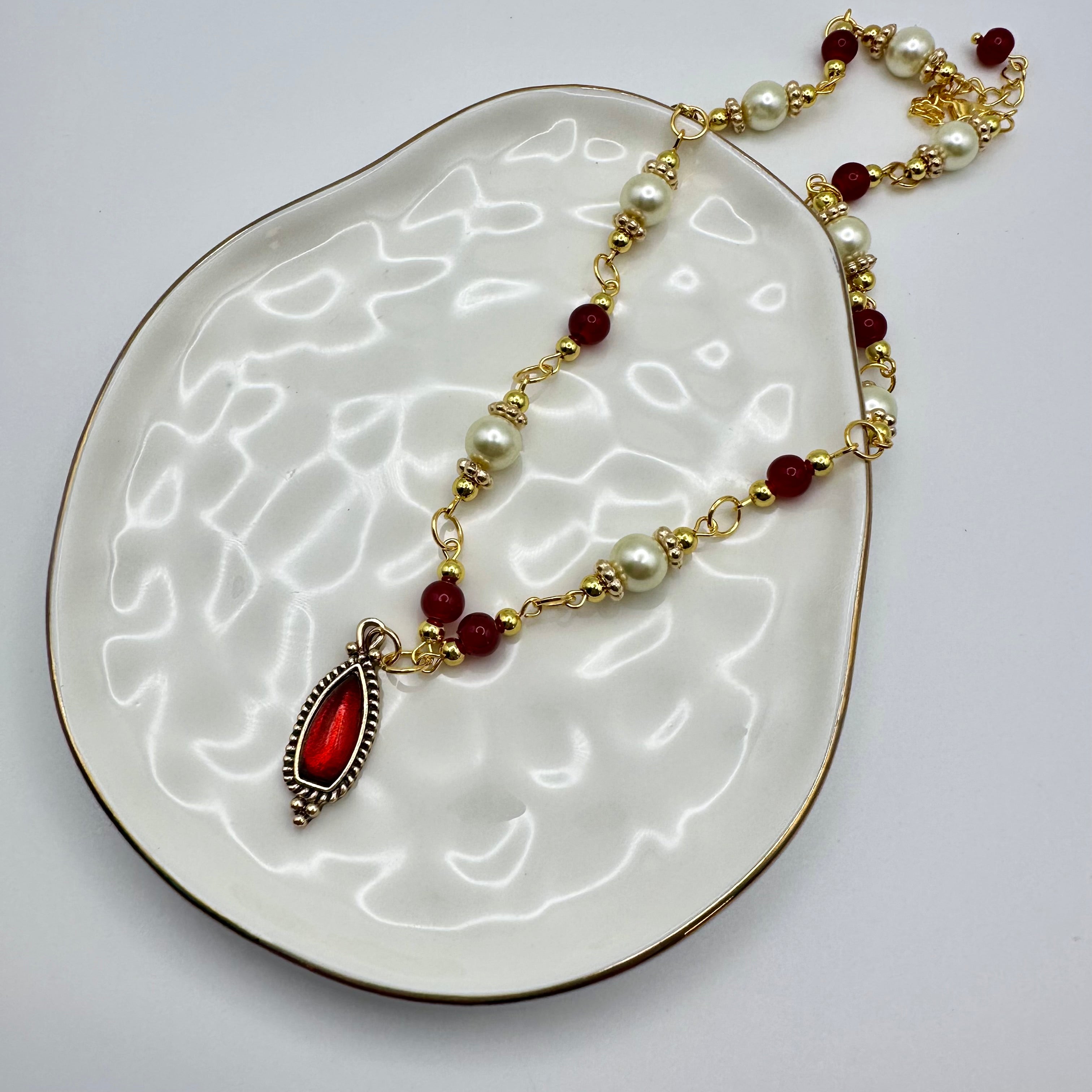 ️‍🔥 Crimson Charm Pearl Chain Necklace – Whimsy Hollow Jewelry